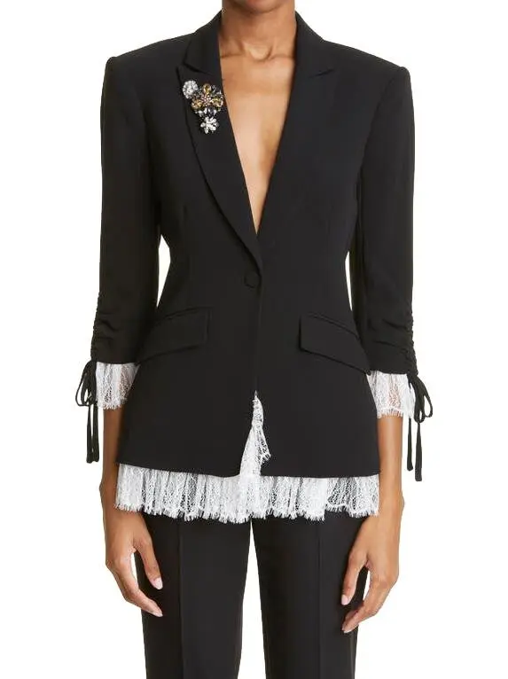 Cinq À Sept Lace-trimmed Blazer With Brooch - Black/ivory