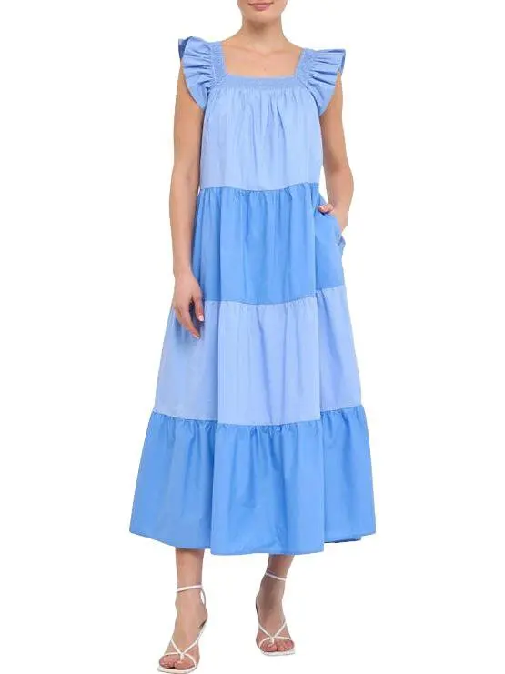 English Factory Flutter Sleeve Colorblock Cotton Midi Dress - Blue Multi