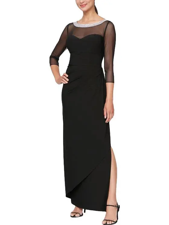 Alex Evenings Illusion Sleeve Side Ruched Gown - Black