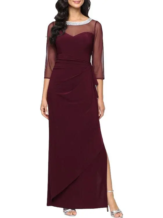 Alex Evenings Illusion Sleeve Side Ruched Gown - Fig