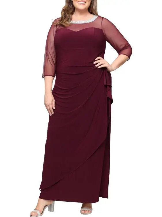 Alex Evenings Illusion Sleeve Side Ruched Gown - Fig