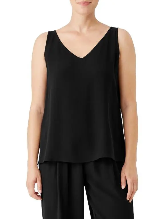 Eileen Fisher Sleeveless V-neck Silk Tank Top - Black