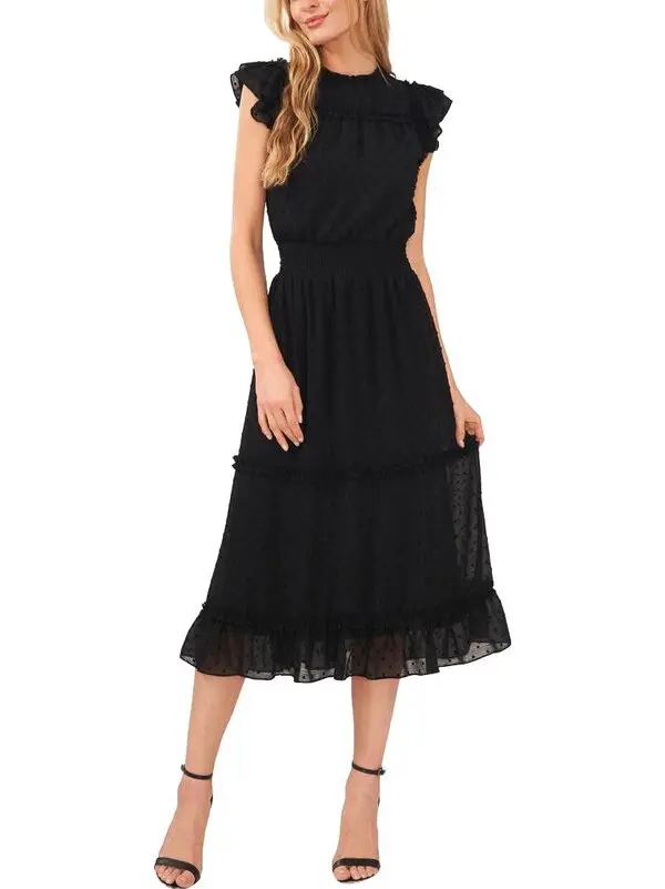 CECE DUPRAZ Clip Dot Flutter Sleeve Midi Dress - Rich Black