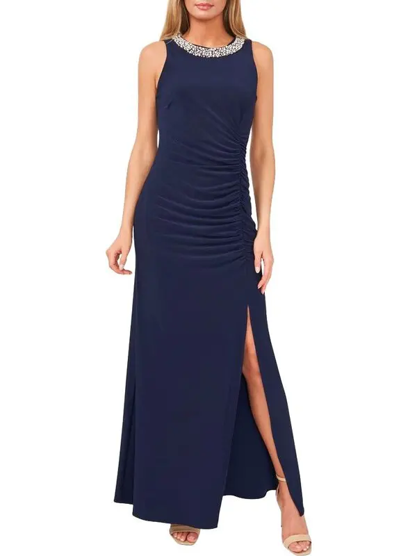 Chaus Imitation Pearl Embellished Sleeveless Gown - Navy