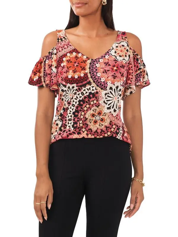 Chaus Floral Cold-shoulder Knit Blouse - Black/berry/mauve