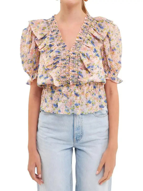 Endless Rose Smocked Ruffle Floral Blouse - Pink Multi
