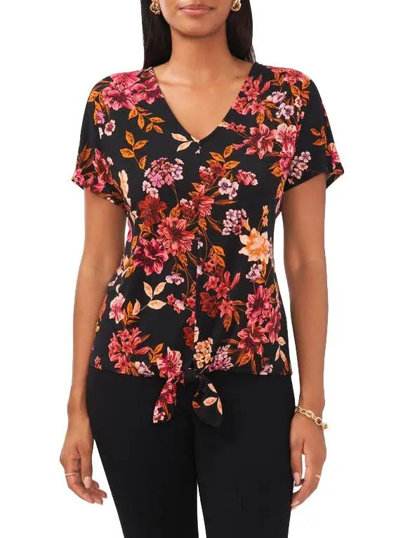 Chaus Floral Flutter-sleeve Blouse - Black/pink/gold