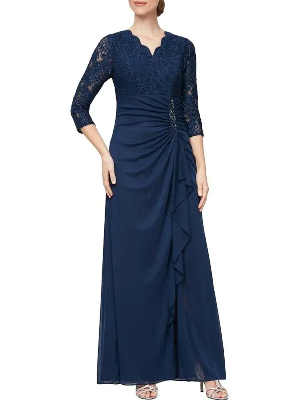 Alex Evenings Sequin Lace A-line Gown - Navy