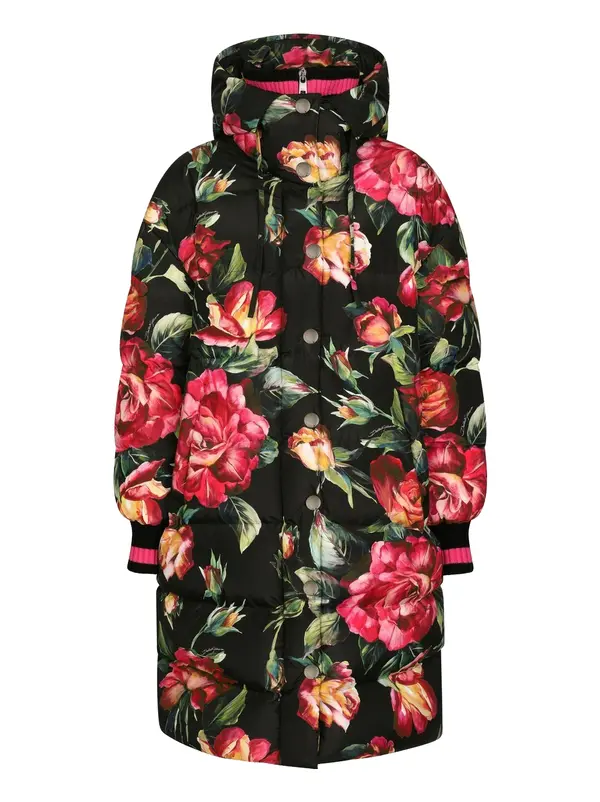 Dolce & Gabbana Long Floral-print Down Jacket - Black