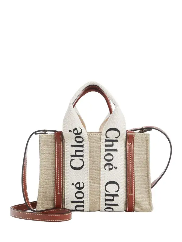 Chloé Small Woody Logo Strap Linen Tote - White - Brown