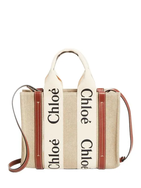 Chloé Small Woody Logo Strap Linen Tote - White - Brown