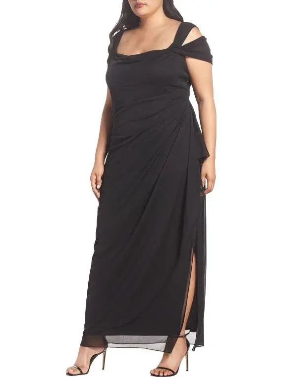 Alex Evenings Cold Shoulder Ruffle Gown - Black