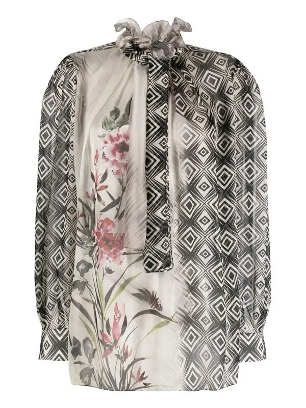 Alberta Ferretti Silk Floral & Geometric Print Frilled High Neck Blouse - Neutrals