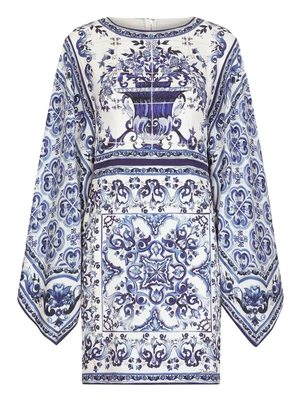Dolce & Gabbana Majolica-print Batwing-sleeve Minidress - Blue
