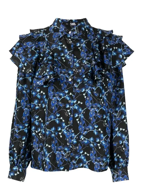 Karl Lagerfeld Orchid Print Silk Shirt - Black