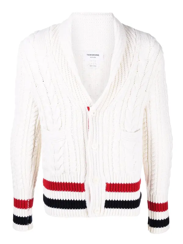 Thom Browne Rwb-stripe Cable-knit Cardigan - White