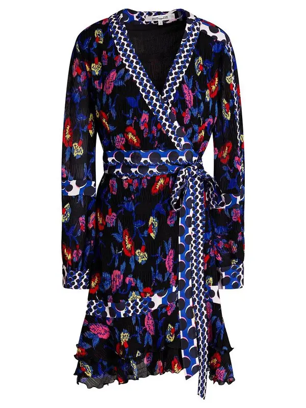 Diane Von Furstenberg Floral-print Plissé Crepe Wrap Dress - Black