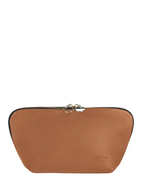 KUSSHI Signature Leather Makeup Bag - Camel Leather/ Red