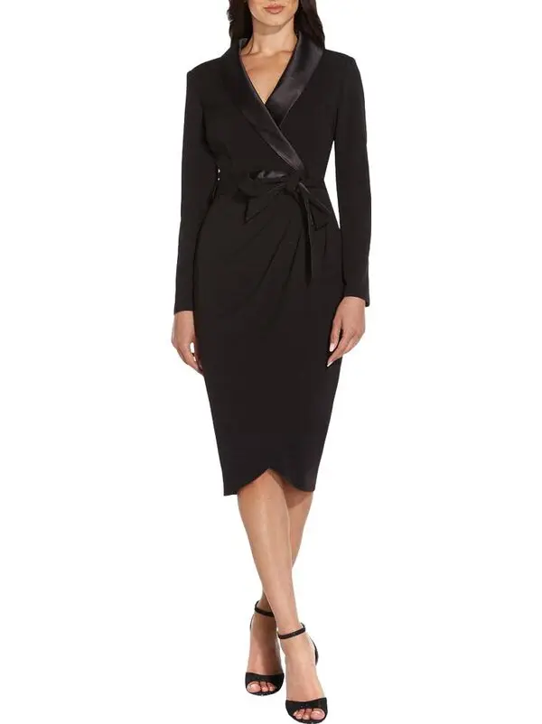 Adrianna Papell Long Sleeve Crepe Tuxedo Dress - Black