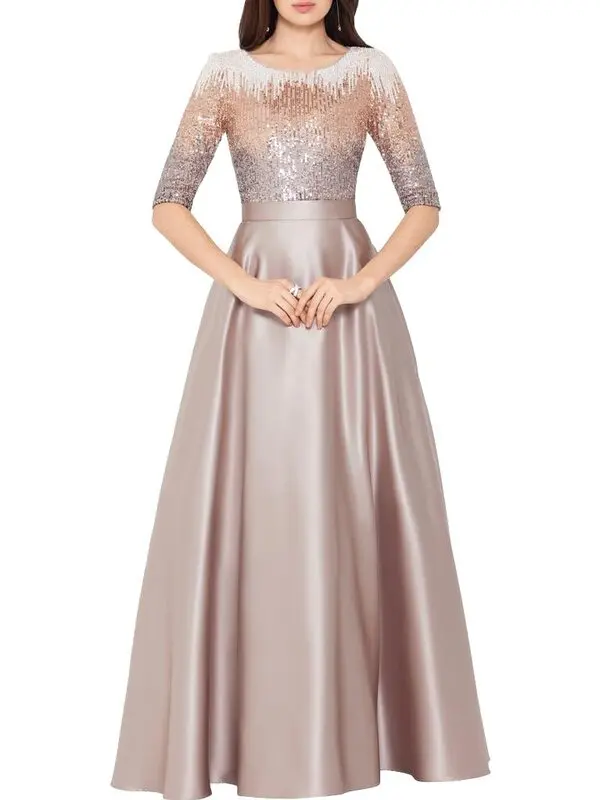 Betsy & Adam Sequin Bodice Satin Ballgown - Mocha