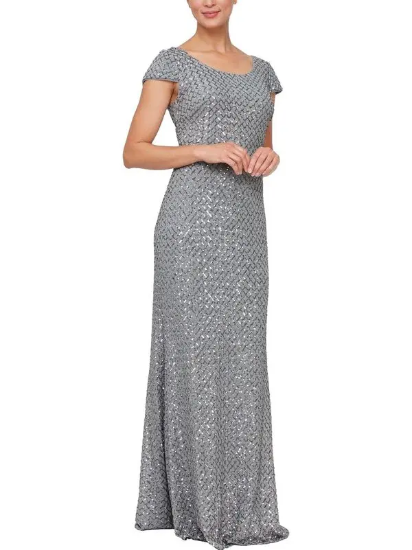 Alex Evenings Sequin Scoop Neck Cap Sleeve Gown - Gunmetal
