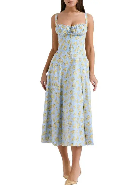 House Of Cb Carmen Bustier Sundress - Print Light Blue