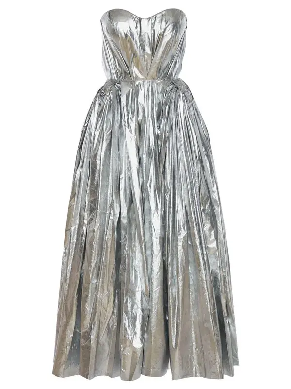 Alexander McQueen Metallic Strapless Bustier Midi Dress - Silver