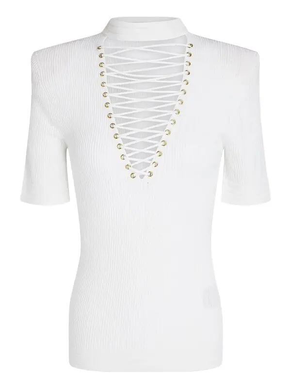Balmain Ribbed-knit Lace-up Top - Off-white