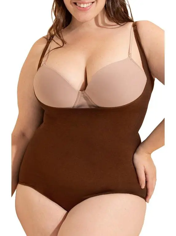 SHAPERMINT ESSENTIALS Open Bust Shaper Bodysuit - Chocolate