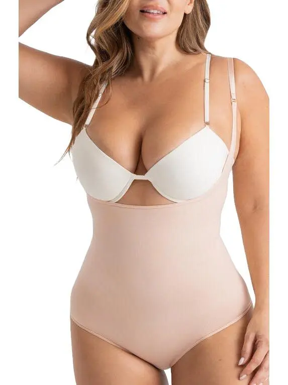 SHAPERMINT ESSENTIALS Open Bust Shaper Bodysuit - Oatmeal