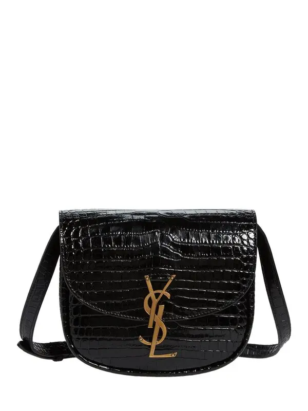 Saint Laurent Kaia Croc Embossed Leather Crossbody Bag - Nero