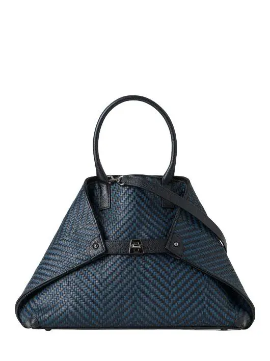 Akris Ai Small Plaid Braided Leather Tote - Atlantic Black