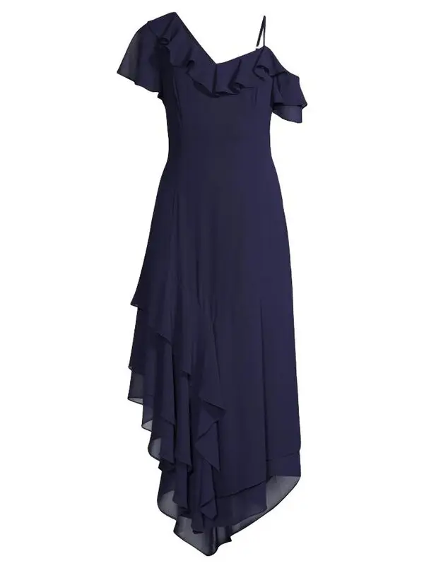 Shani Asymmetric Ruffle Midi-dress - Navy