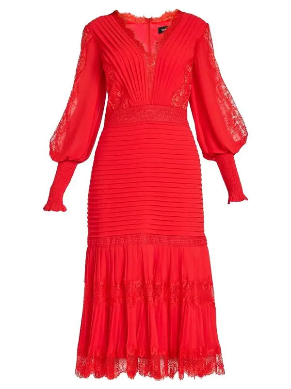 Tadashi Shoji Lace Balloon-sleeve Midi-dress - Cherry