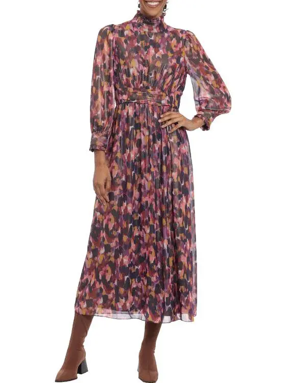 Maggy London Long Sleeve Brushstroke Print Maxi Dress - Soft White/ Raspberry