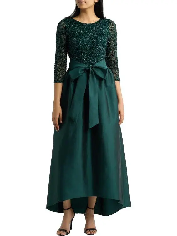 Pisarro Nights Beaded Bodice Taffeta A-line Gown - Hunter