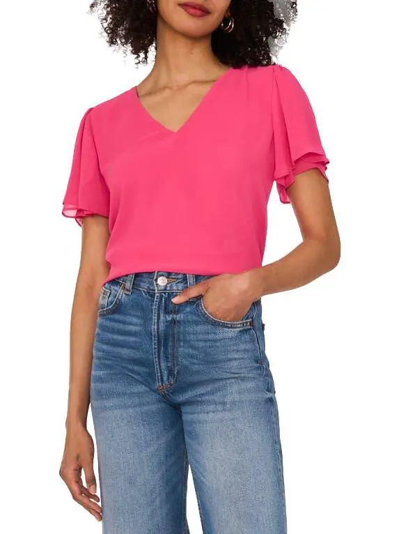 Vince Camuto V-neck Tulip Sleeve Chiffon Top - Flamingo Pink