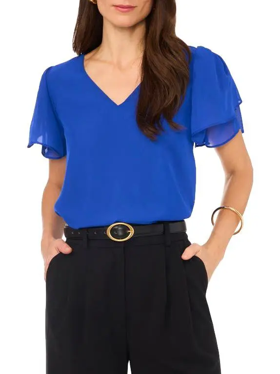 Vince Camuto V-neck Tulip Sleeve Chiffon Top - Sapphire Blue