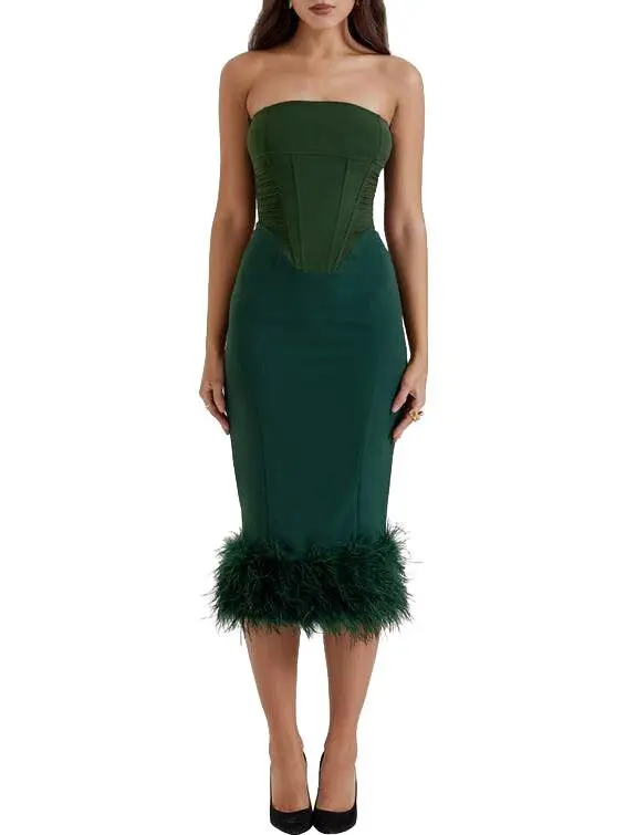 House Of Cb Fionula Feather Hem Midi Dress - Emerald Green