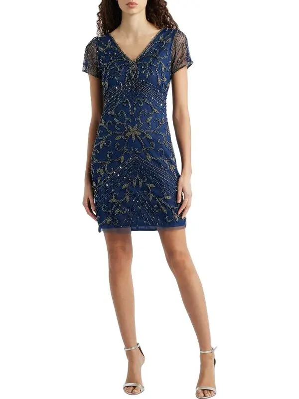 Pisarro Nights Beaded Double V-neck Dress - Denim