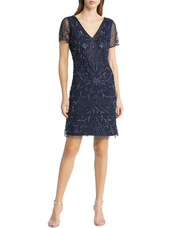 Pisarro Nights Beaded Double V-neck Dress - Navy
