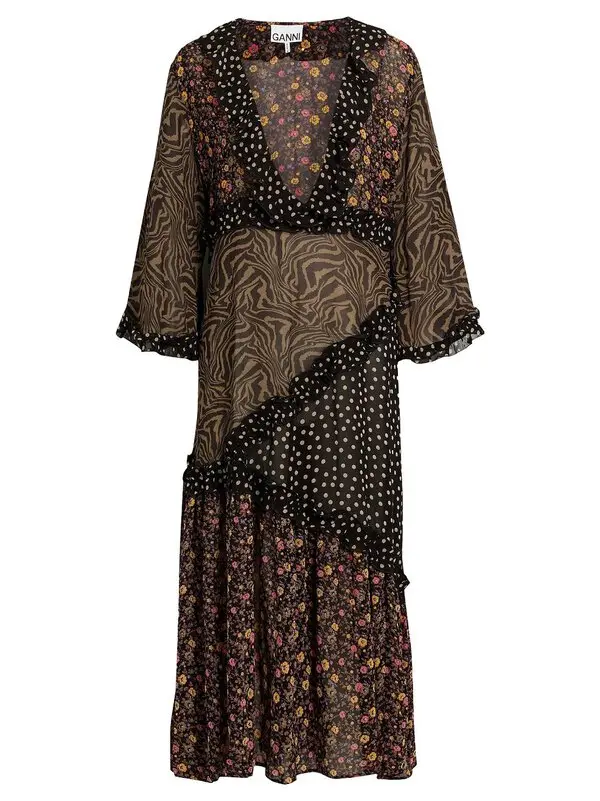 GANNI Patchwork Effect Printed Chiffon Midi Dress - Multicolor