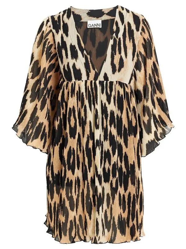 GANNI Leopard Print Plissé Crepe De Chine Mini Dress - Black