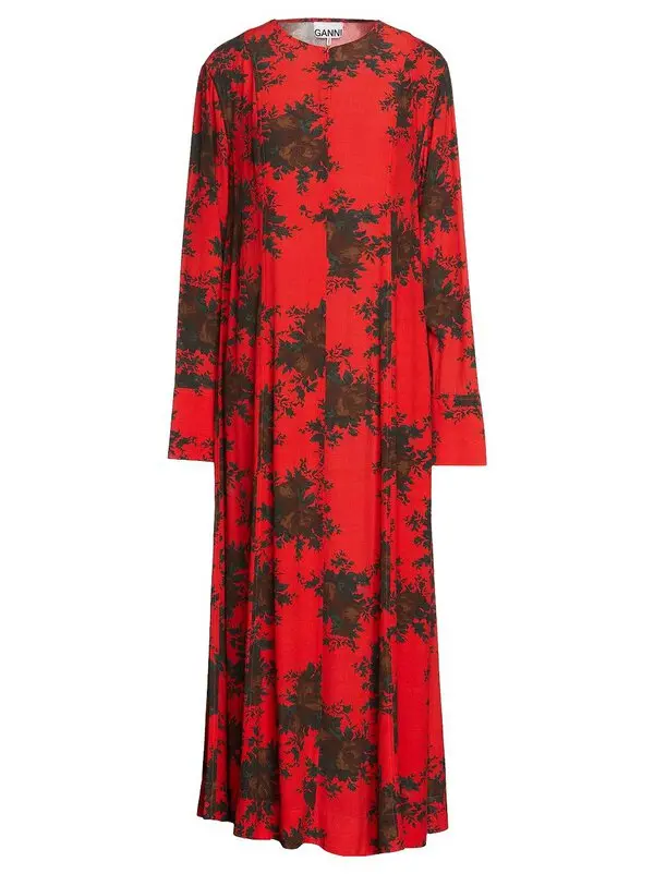 GANNI Floral Print Crepe Midi Dress - Red
