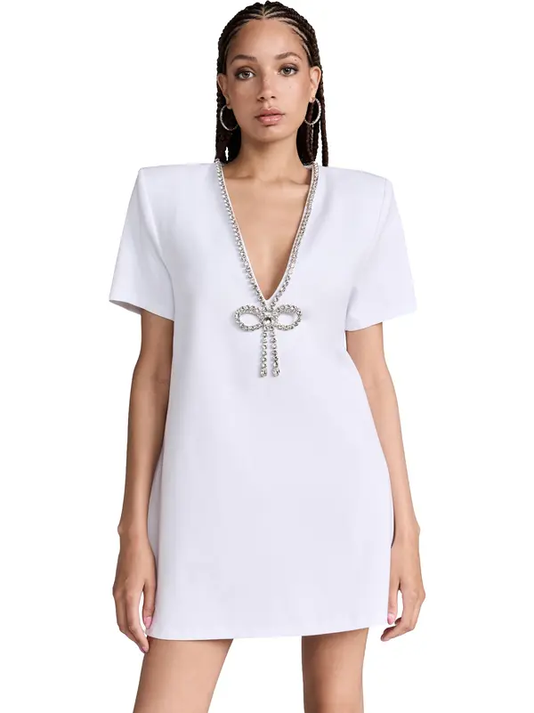 AREA Crystal Bow Ponte T-shirt Dress - White