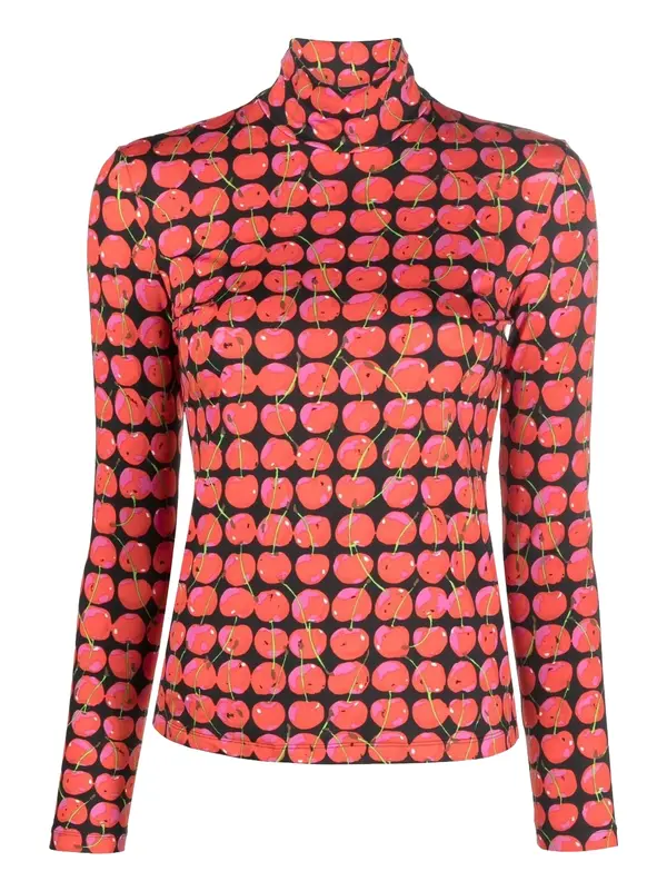 La DoubleJ Cherry-print Turtleneck Top - Black