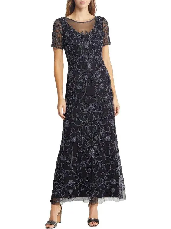 Pisarro Nights Floral Beaded A-line Gown - Black/gunmetal