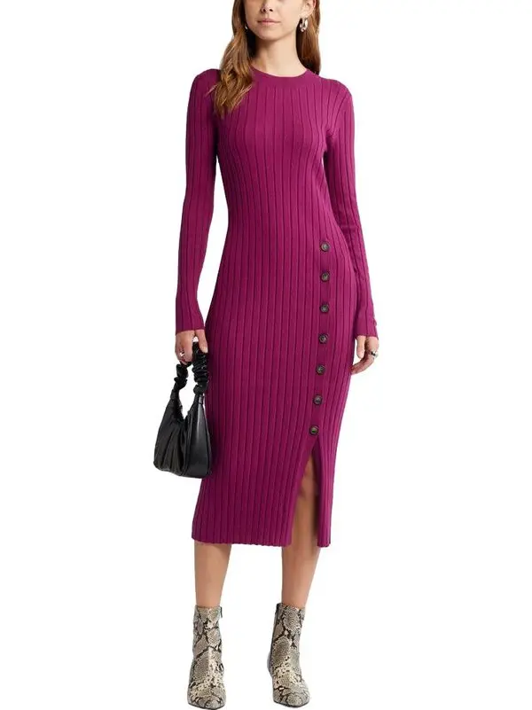 OPEN EDIT Button Sweater Midi Dress - Purple Magenta