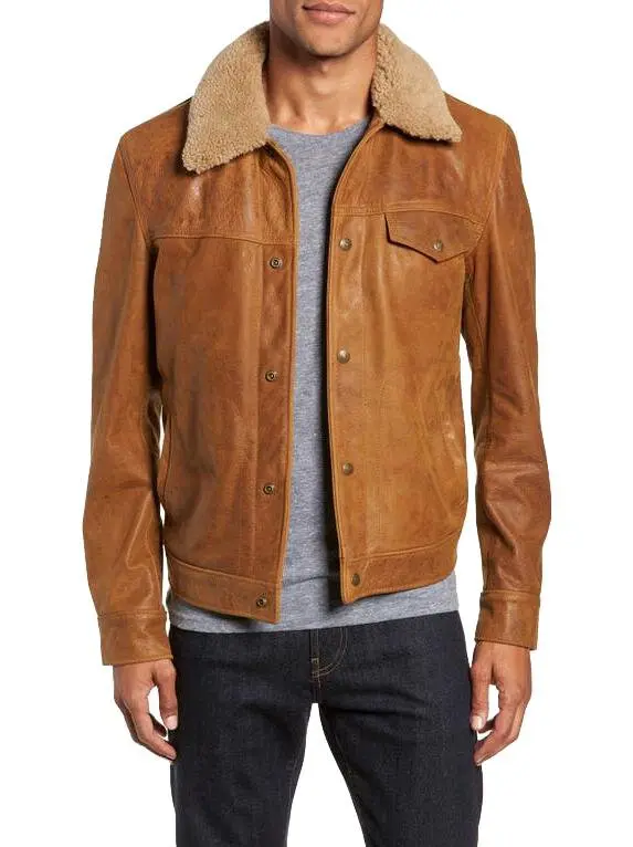 SCHOTT Leather Trucker Jacket With Genuine Sheepskin Collar - Sycamore