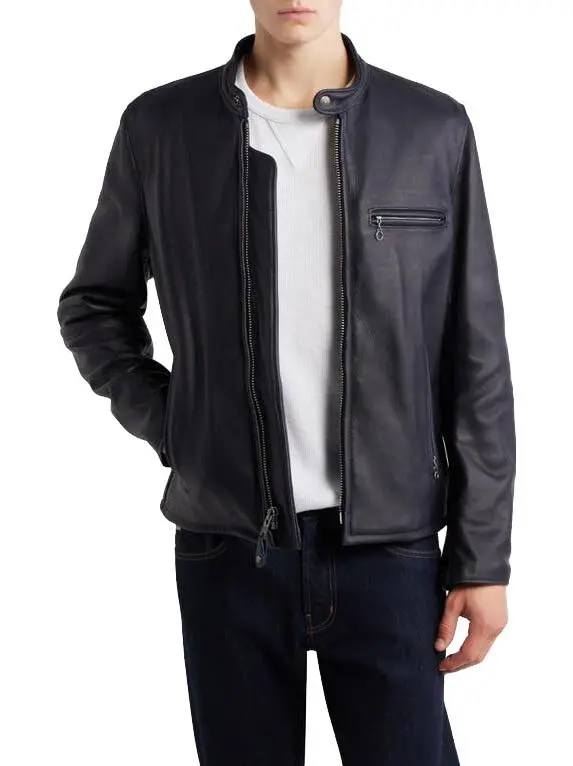 SCHOTT Café Racer Oil Tanned Leather Moto Jacket - Dark Navy
